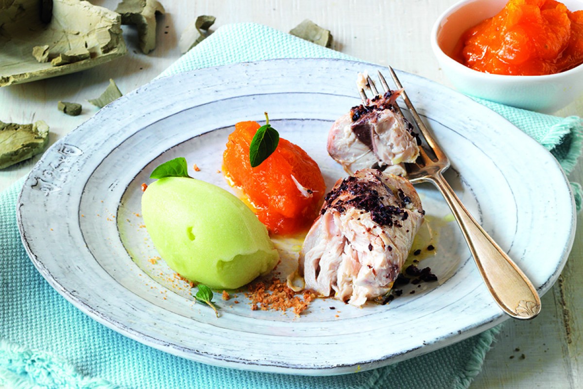 Amberjack with Cocoa Beans, Compote and Sorbet Recipe - La Cucina Italiana