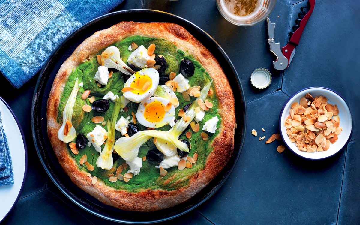 Pizza With Pea Puree, Spring Onions, Feta Cheese and Hard-boiled Eggs ...