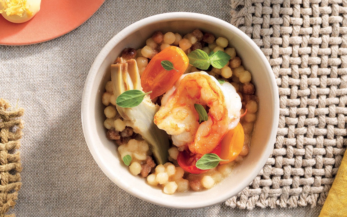 Fregula with Prawns, Artichokes Recipe - La Cucina Italiana